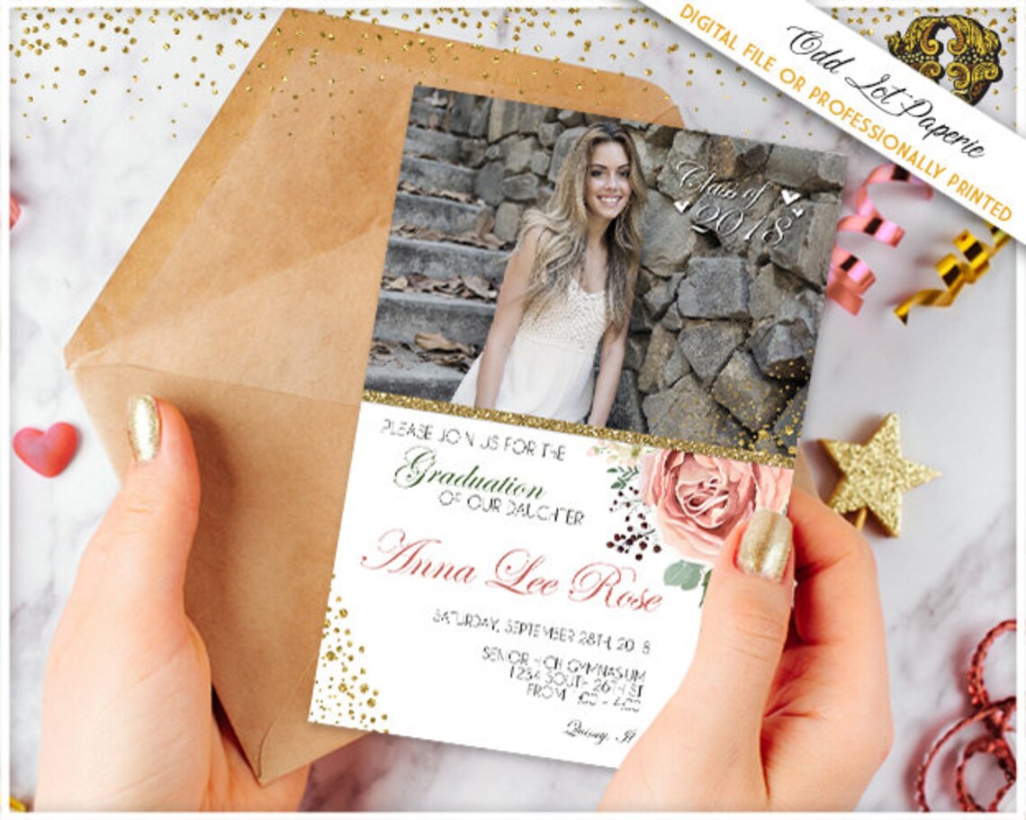 Boho Floral Graduation Photo Invitation: Pink Rose Watercolor ...