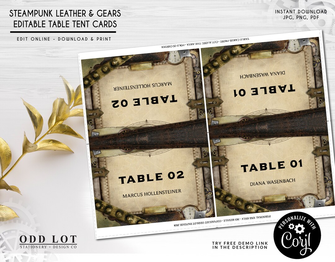 Editable Steampunk Wedding Table Cards - Customizable Foldable ...