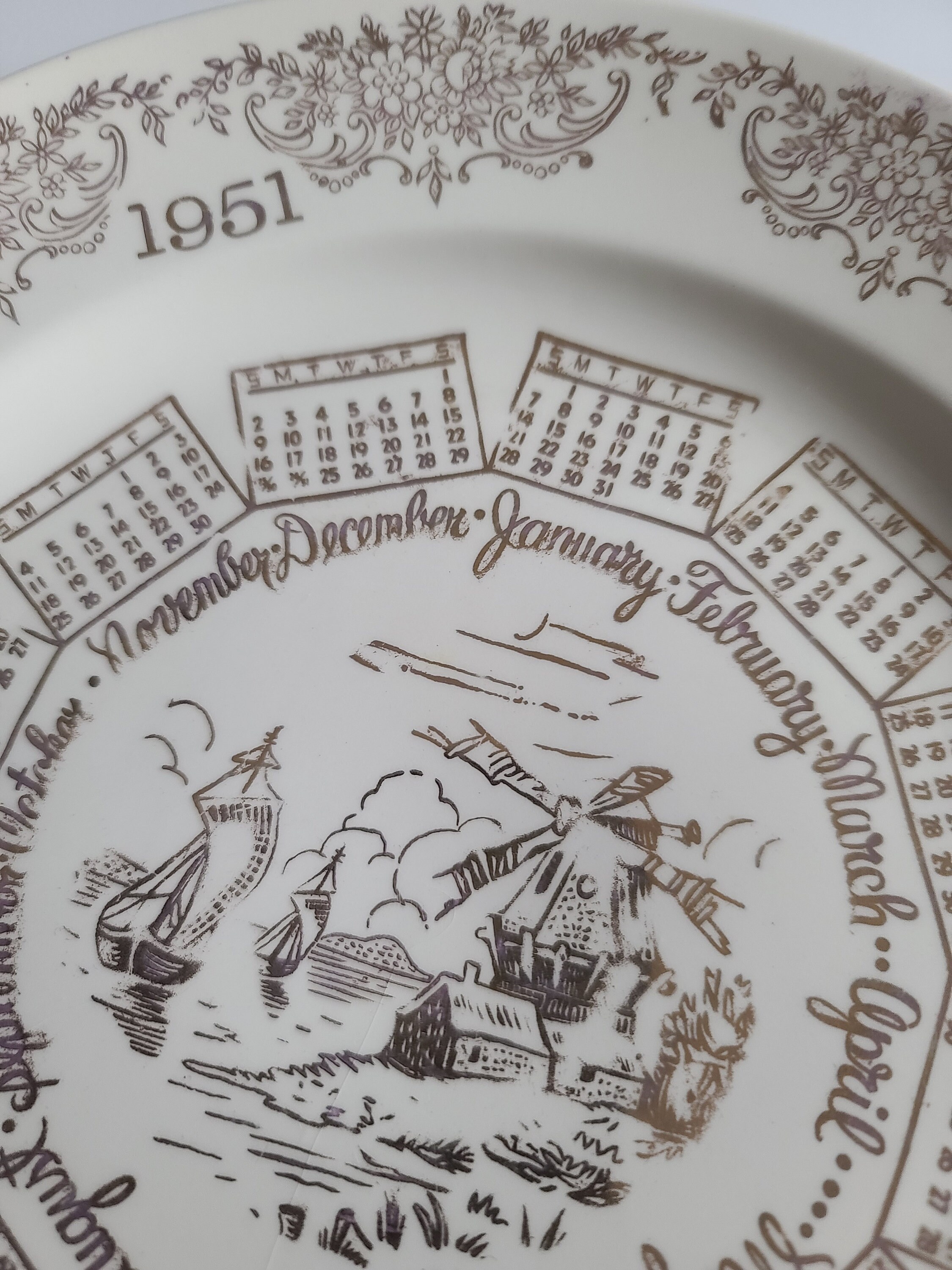 1951 Calendar Plate 10 With Windmill and Ships - Etsy