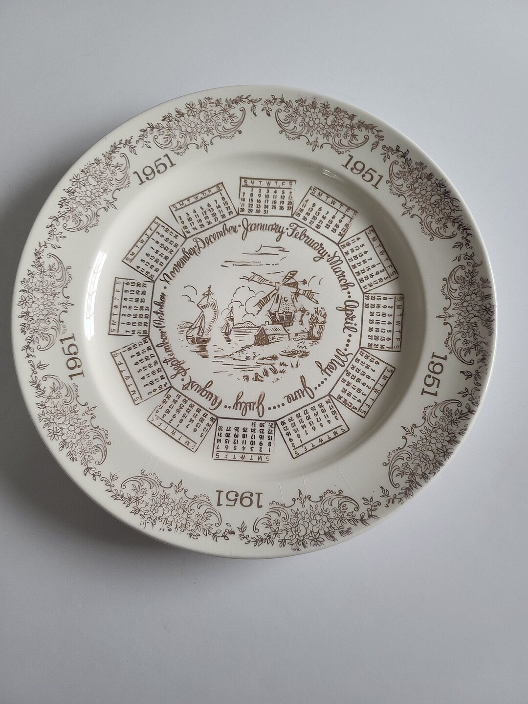 Vintage 1951 Calendar Plate 10" With Windmill and Ships - Etsy