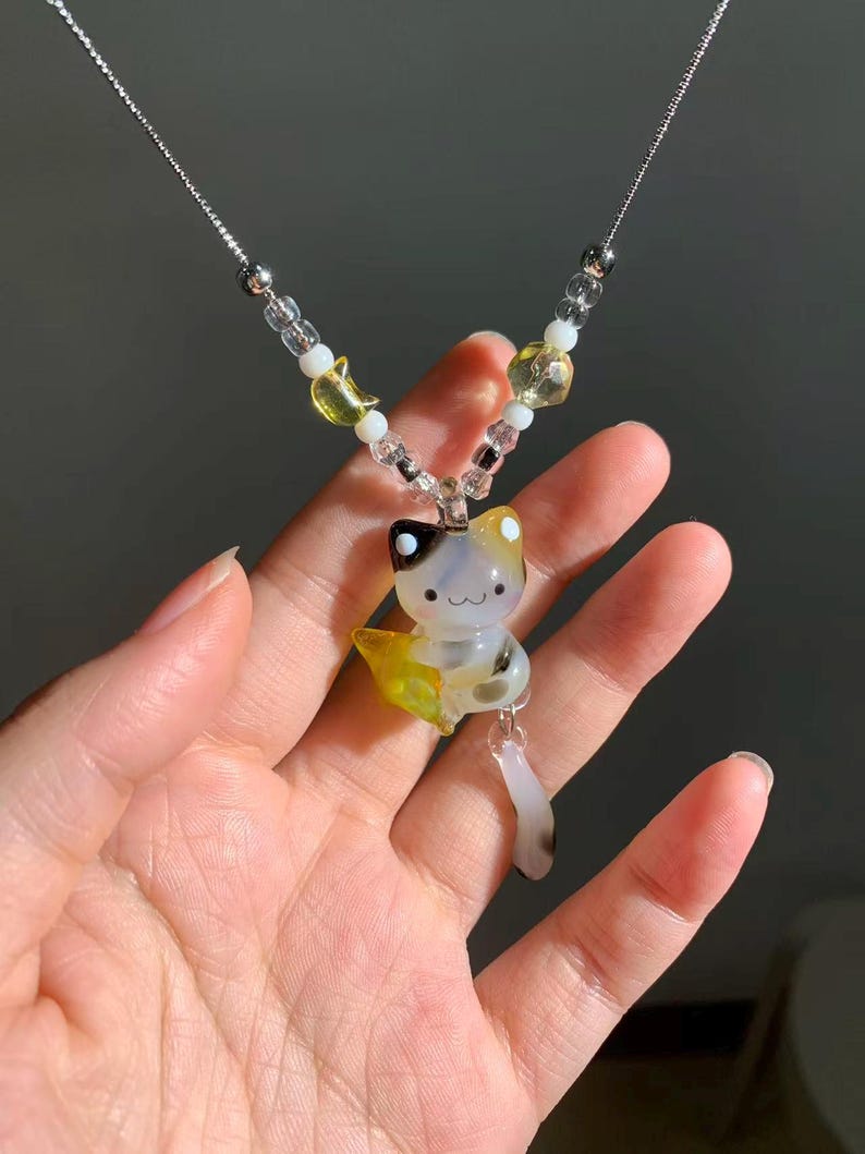 Handcrafted Glass Calico Cat Star Pendant Necklace, Whimsical Animal ...