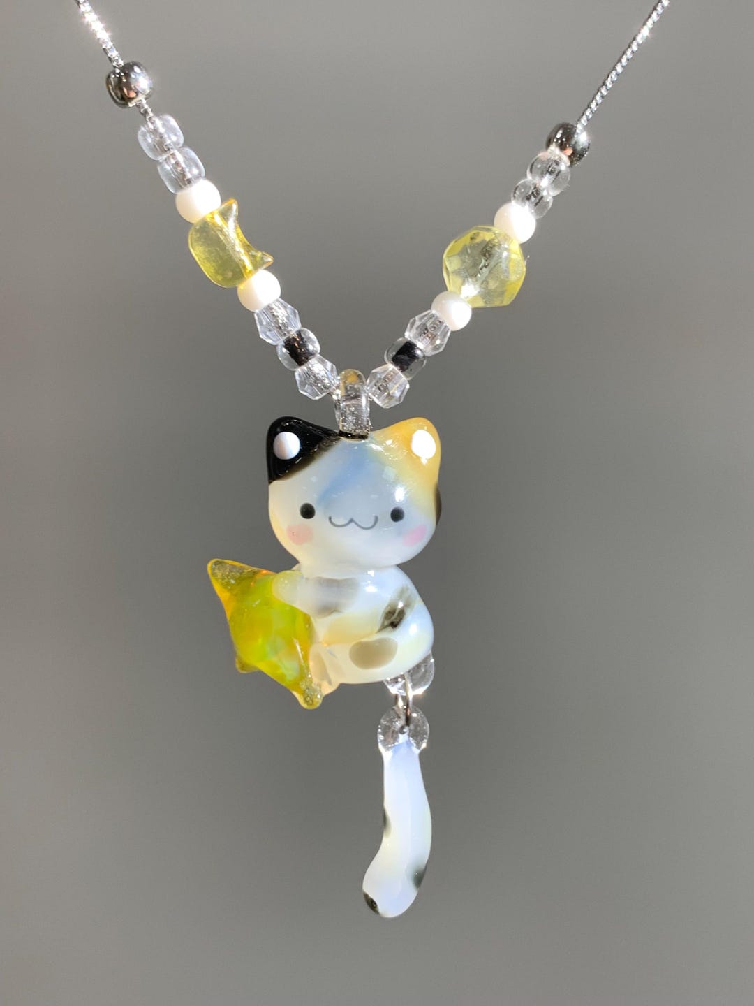 Handcrafted Glass Calico Cat Star Pendant Necklace, Whimsical Animal ...