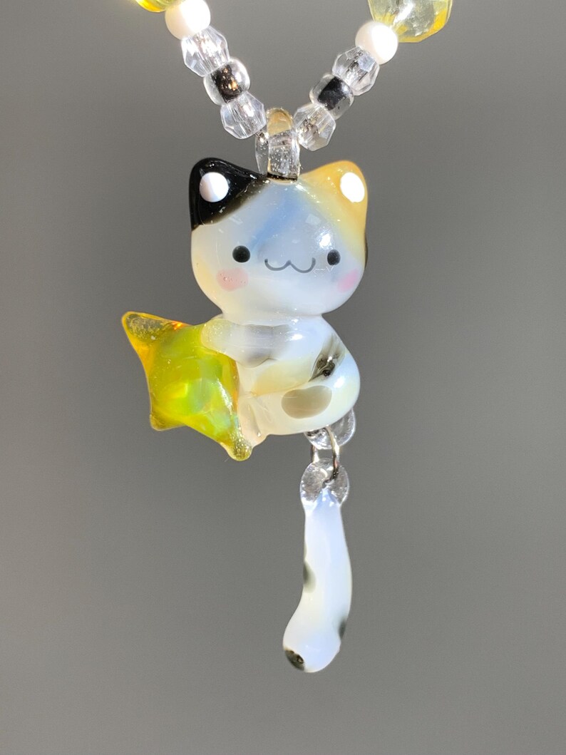 Handcrafted Glass Calico Cat Star Pendant Necklace, Whimsical Animal ...