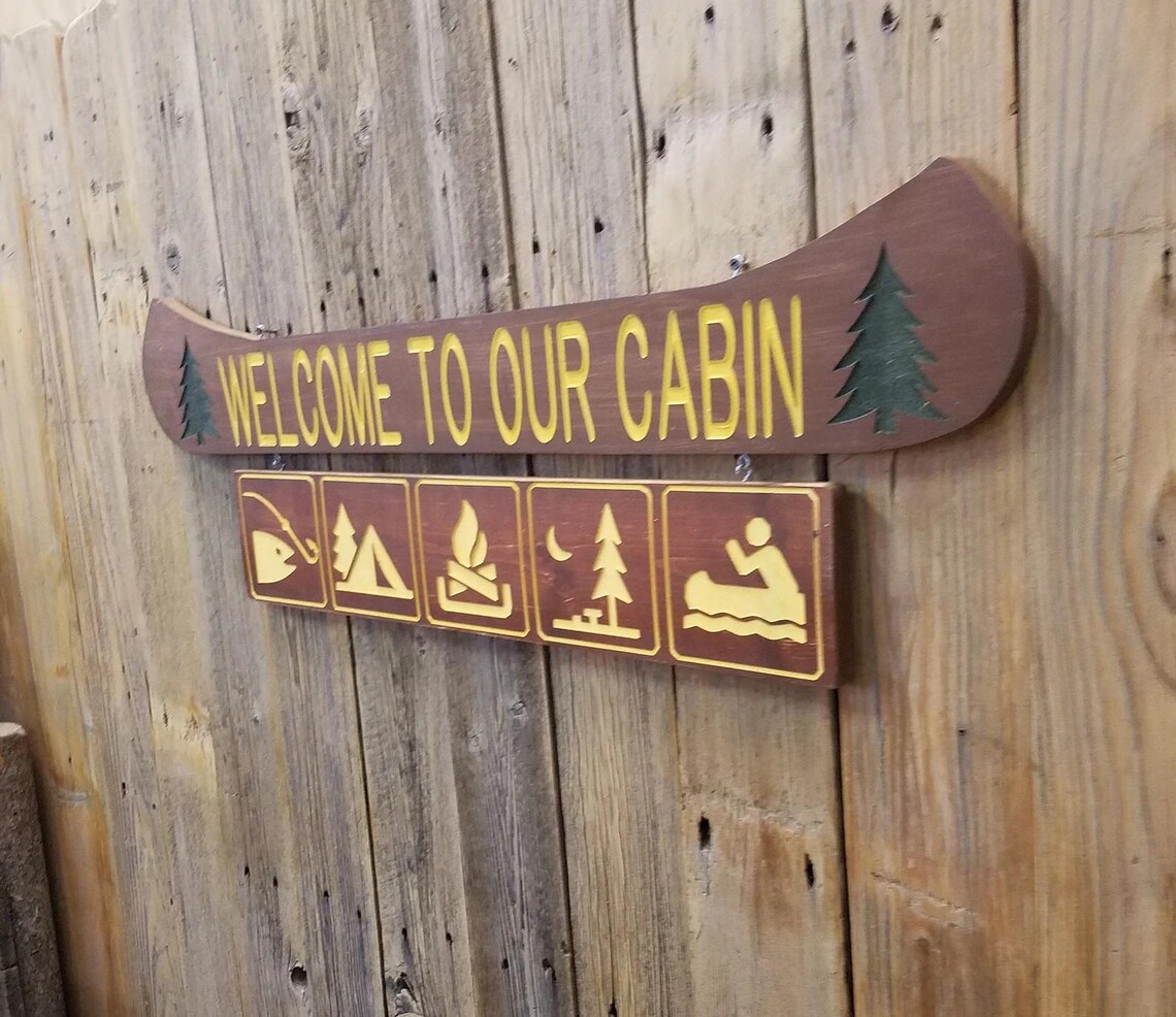 Welcome to Our Cabin/rustic/carved/wood/canoe/sign/fishing/camping ...