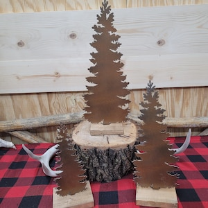 Rustic Modern Metal Evergreen Rusted Tree Wood Stand Mantel Decor Pine ...