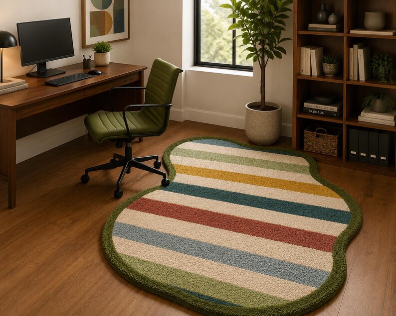 Hand Tufted Wool Rug, Organic Shape, Striped Modern Scandinavian Carpet ...
