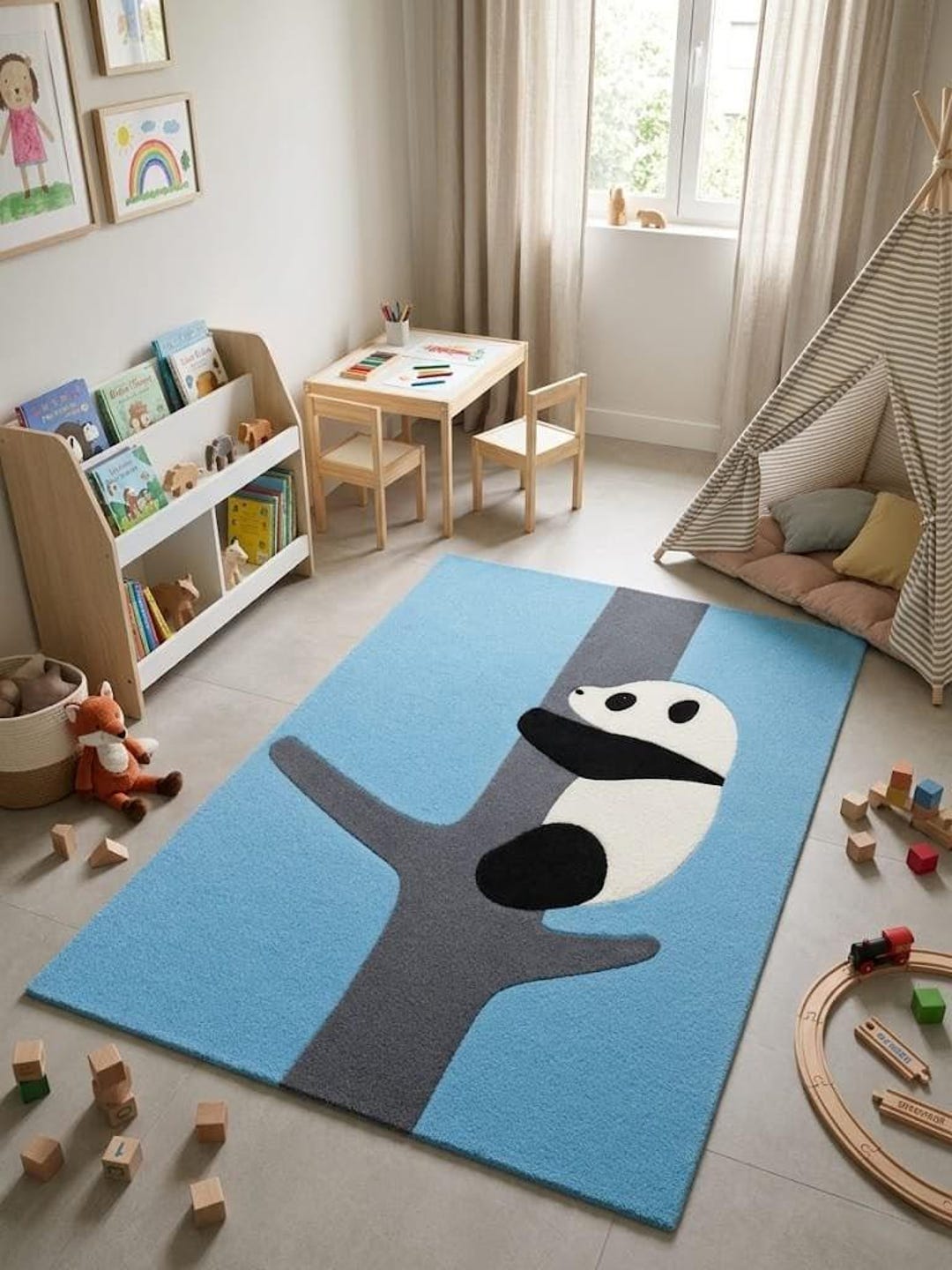 Hand Tufted NZ Wool Panda Rug, Sky Blue Nursery Area Carpet - Etsy