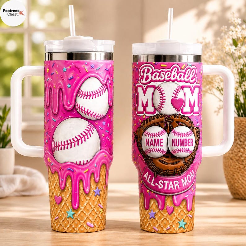 Personalized Icream Baseball Mom Tumbler, Custom Name Number Baseball ...