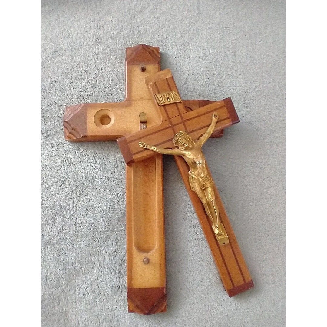 VTG Safe INRI Wooden Wall Crucifix Hidden Compartment Cross Holy Water ...