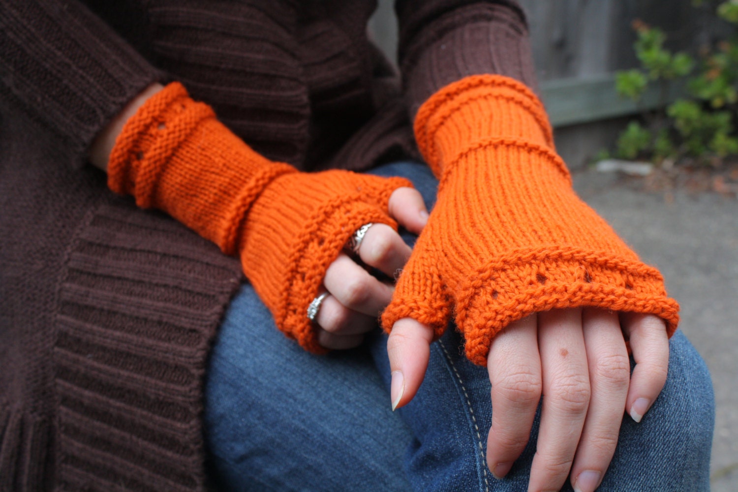 Orange Fingerless Gloves With Eyelet and Purl Band - Etsy