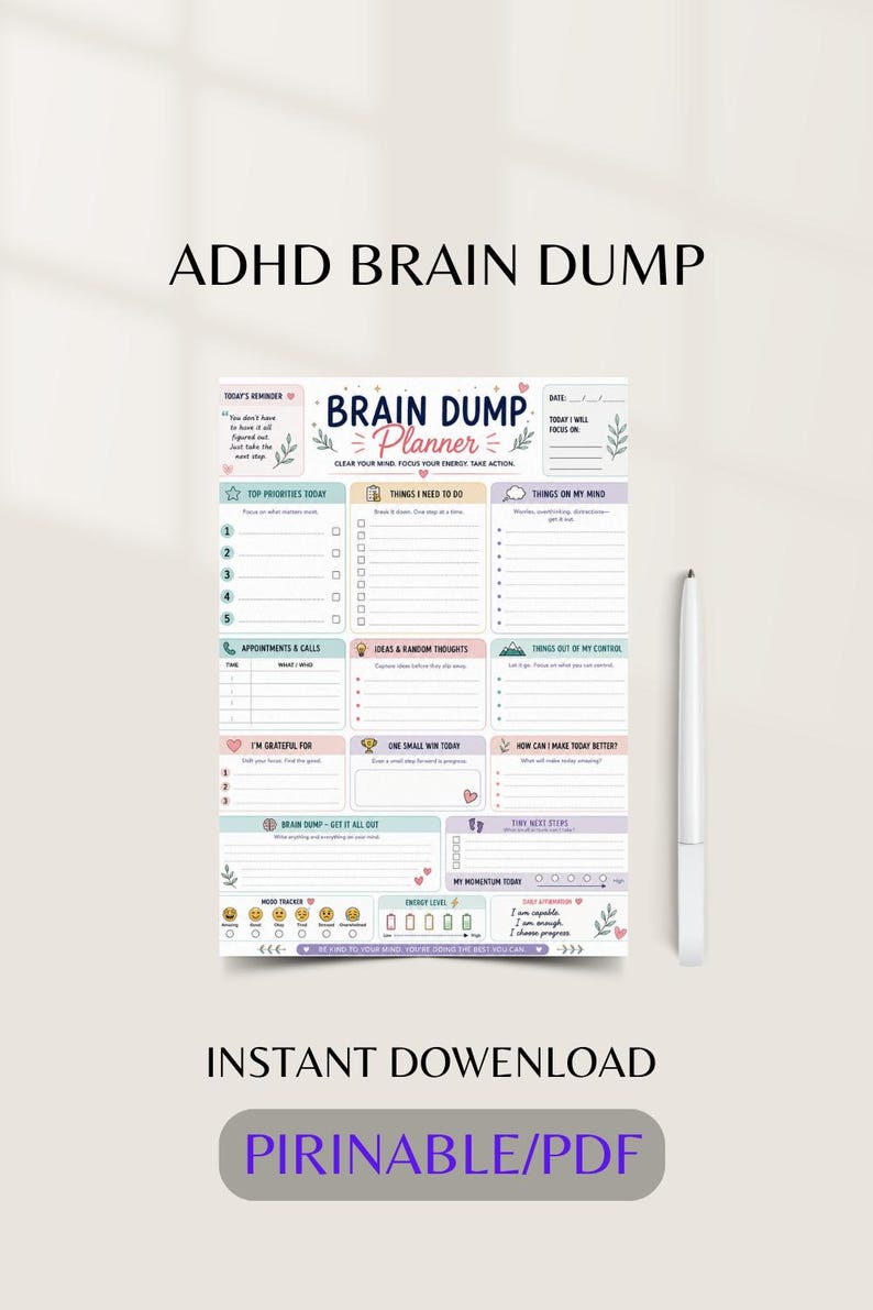 ADHD Brain Dump Planner Printable, Overthinking Reset Sheet, Mental ...
