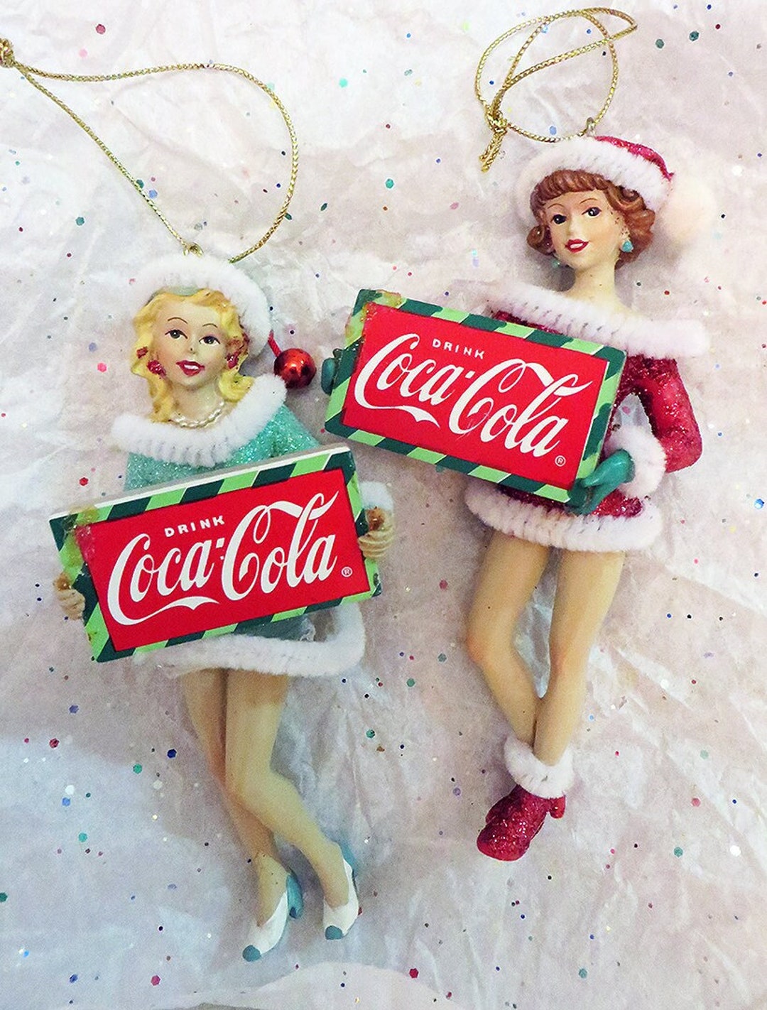 RETRO Set of 2 Coca-cola Santa Pinup Girl Ornaments / Snow Bunnies ...
