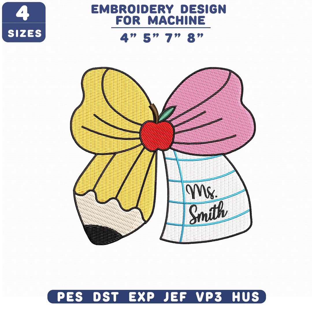Back to School Pencil Bow Embroidery Design,personalized Teacher Bow ...