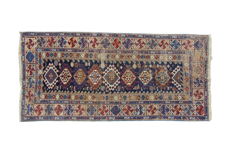 Antique Caucasian 3’9” X 7'11" Rug Quba Kuba Blue Red Geometric ...