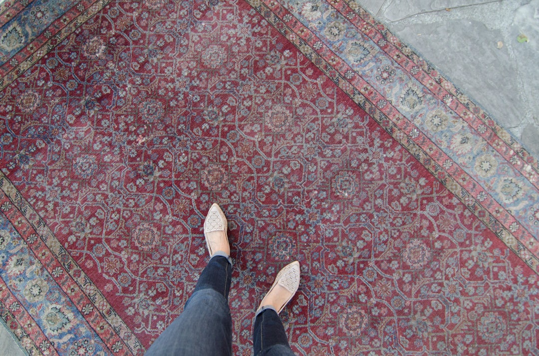 Antique 6’10” X 10'8" Agra Rug Allover Red Floral Distressed Hand ...