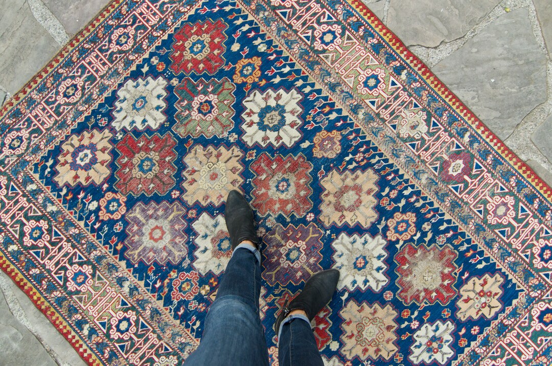 Antique Caucasian 4’10.5” X 6'3" Rug Kuba Quba Green Floral Medallion ...