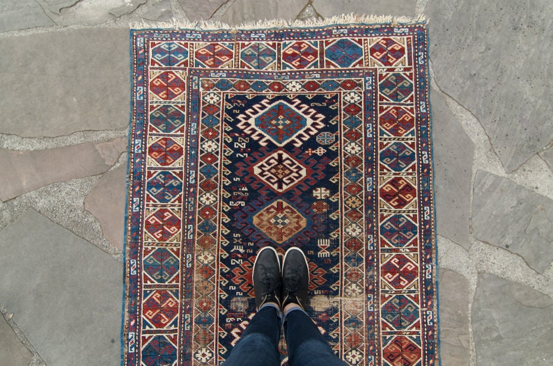 Antique Caucasian 3’9” X 7'11" Rug Quba Kuba Blue Red Geometric Medallion Handmade Distressed ...