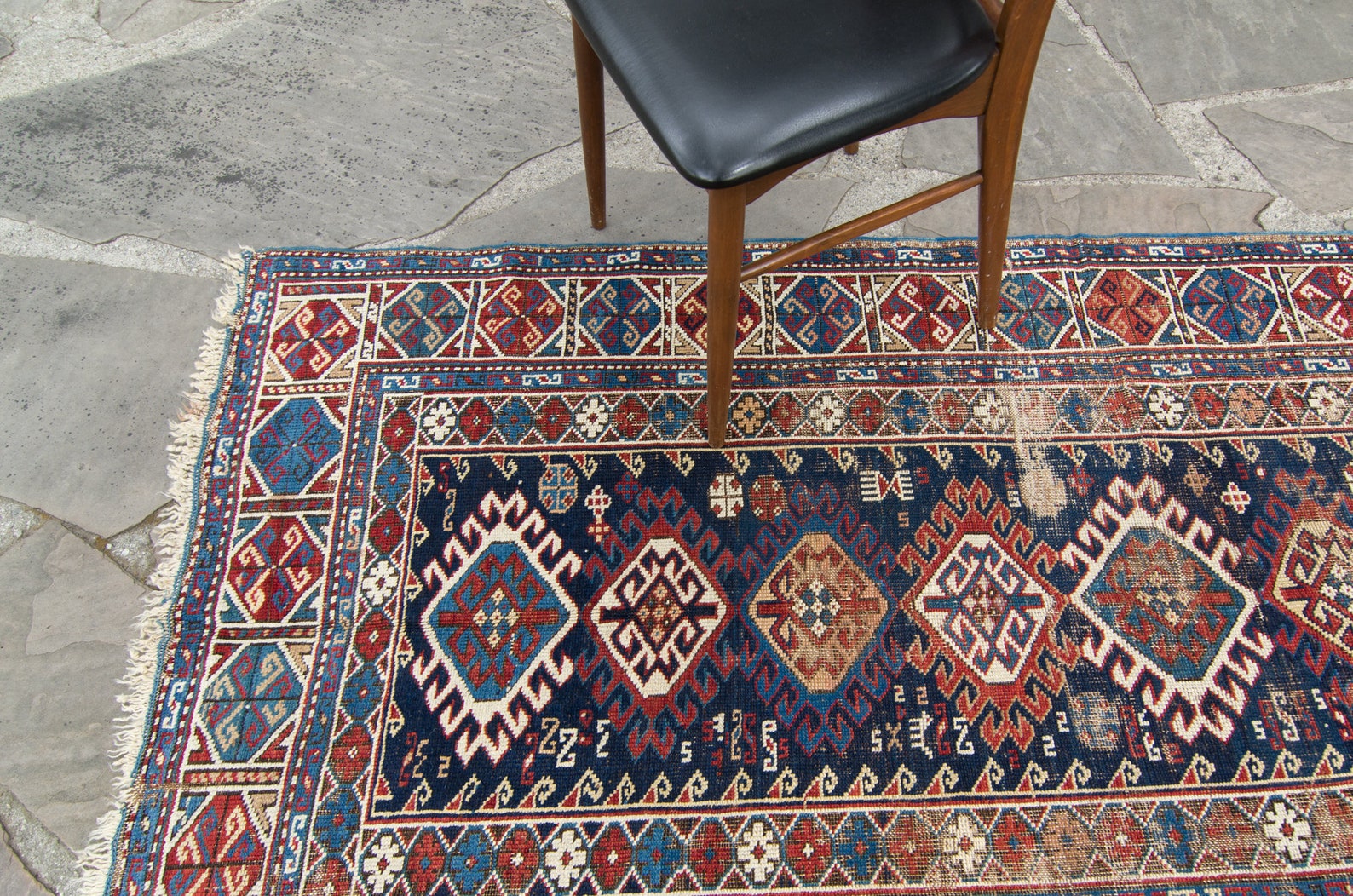 Antique Caucasian 3’9” X 7'11" Rug Quba Kuba Blue Red Geometric Medallion Handmade Distressed ...