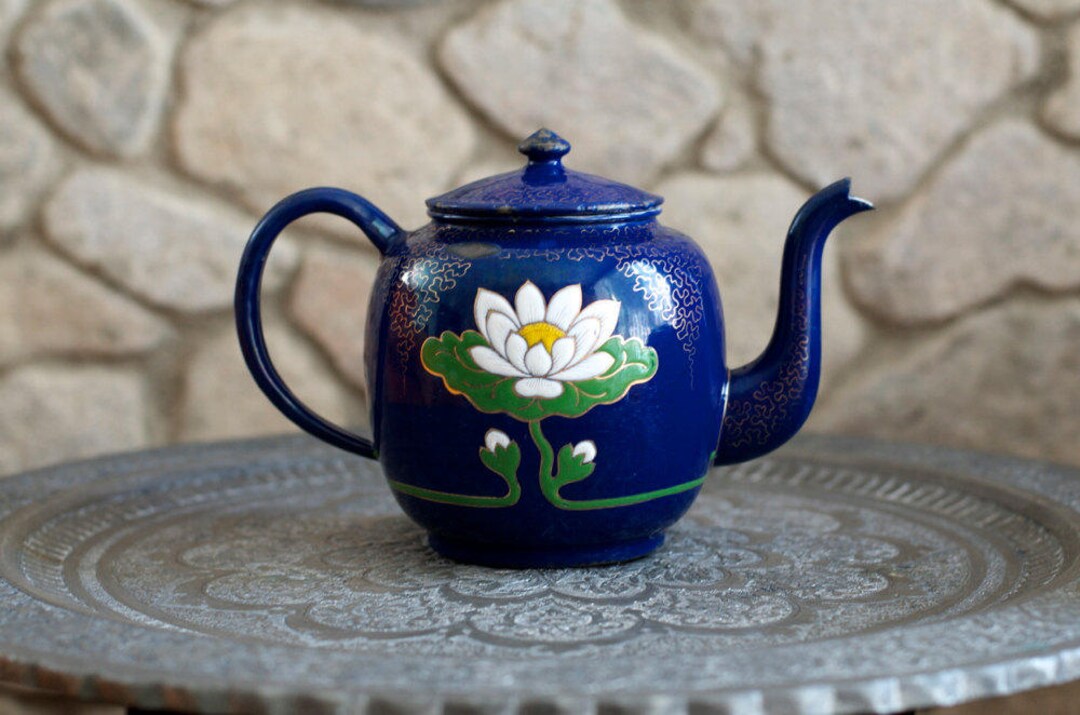 Vintage Large Blue Lotus Enamel Teapot - 1940's - Etsy