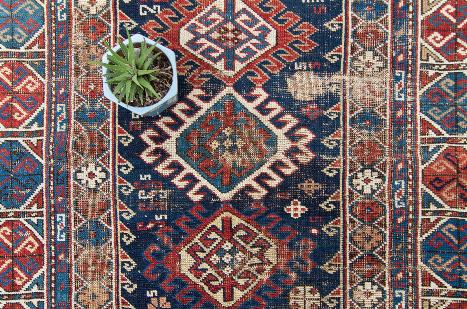 Antique Caucasian 3’9” X 7'11" Rug Quba Kuba Blue Red Geometric ...