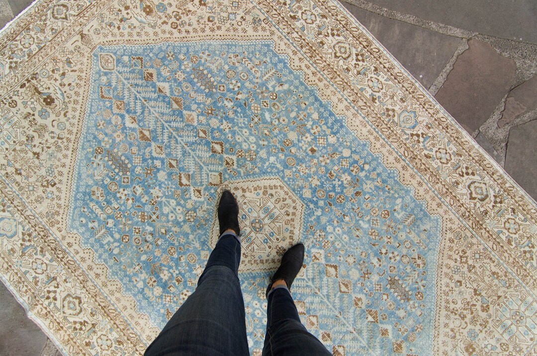 Vintage 6’8” X 9’11” Rug Geometric Design Champagne Blue Wool Pile Hand ...