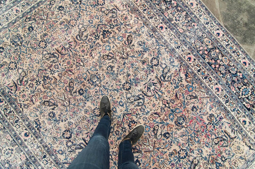Antique 8’4” X 12’ Distressed Rug Blue Pink Floral Wool Hand-knotted ...