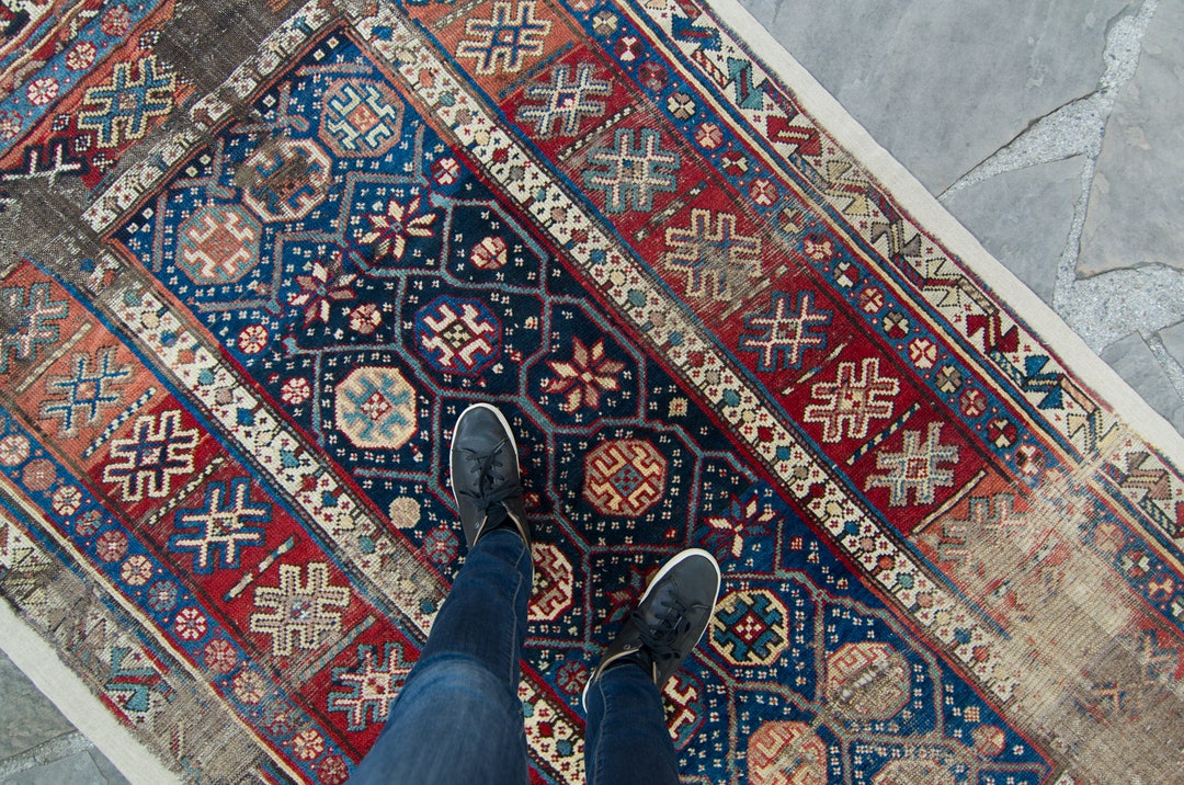 Antique Caucasian 4’8” X 7’8” Zaqatala Rug Mounted on Linen Handmade ...