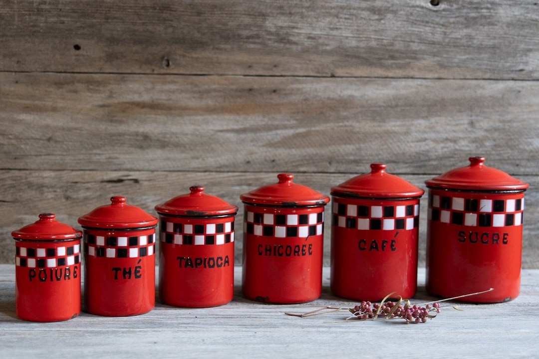 Antique French Set of 6 Red Enamel Canister Set Storage Container Jars ...