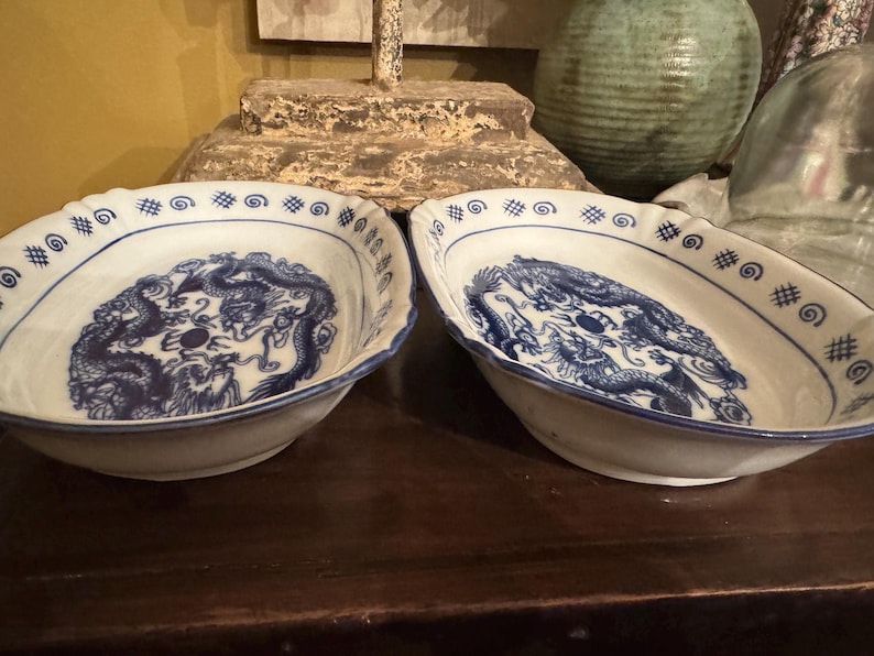 Vintage Blue and White Dragon Porcelain Serving Dishes – Set of 2 ...