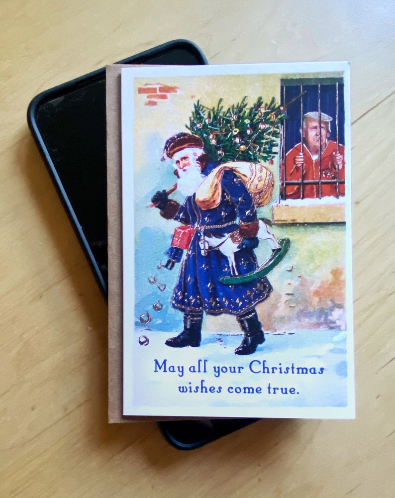 Funny Petite Political Christmas Card: Vintage Santa With Trump in Jail ...
