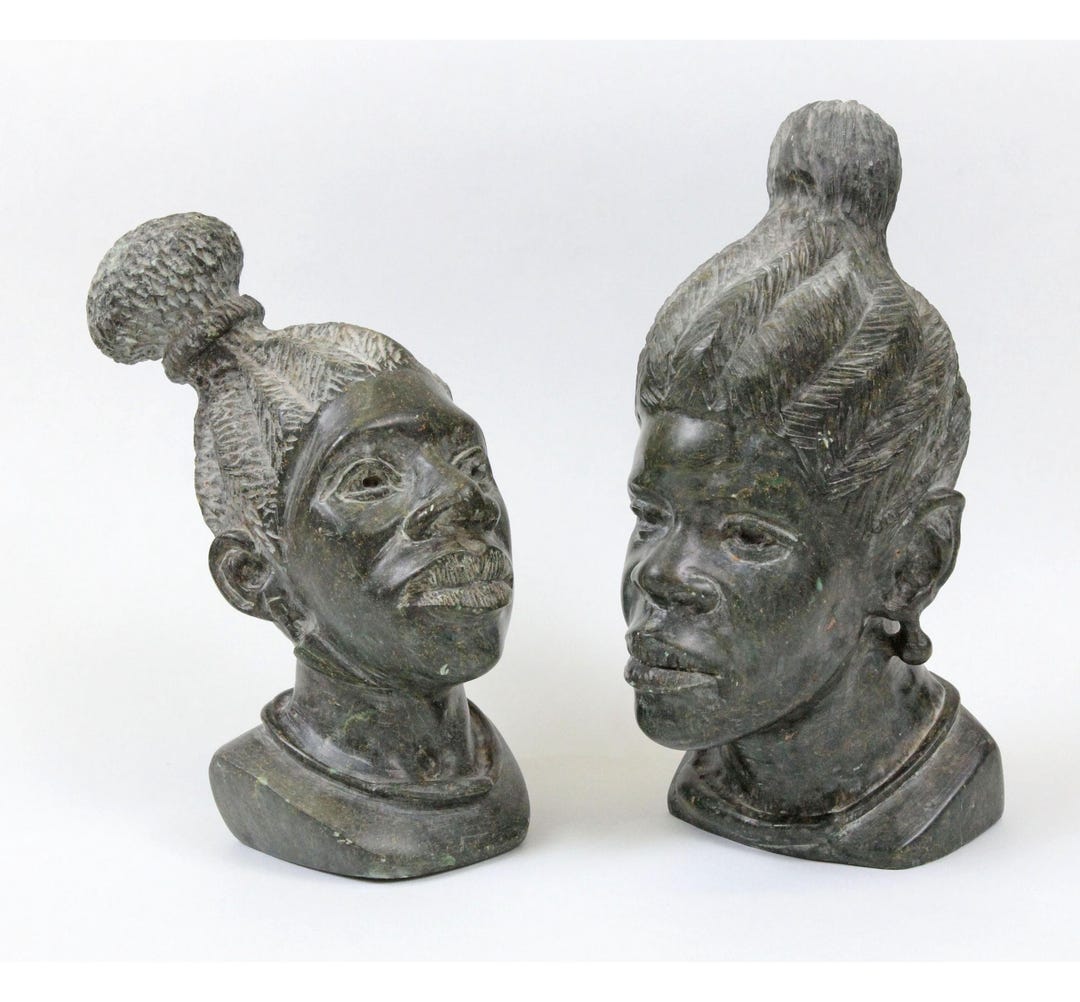 Vintage Rhodesia Shona Verdite Carved Stone Woman Bust Pair African ...