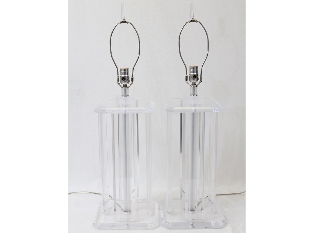 1980's Modern Art Deco Clear Lucite Acrylic Columns Vintage Table Lamps ...