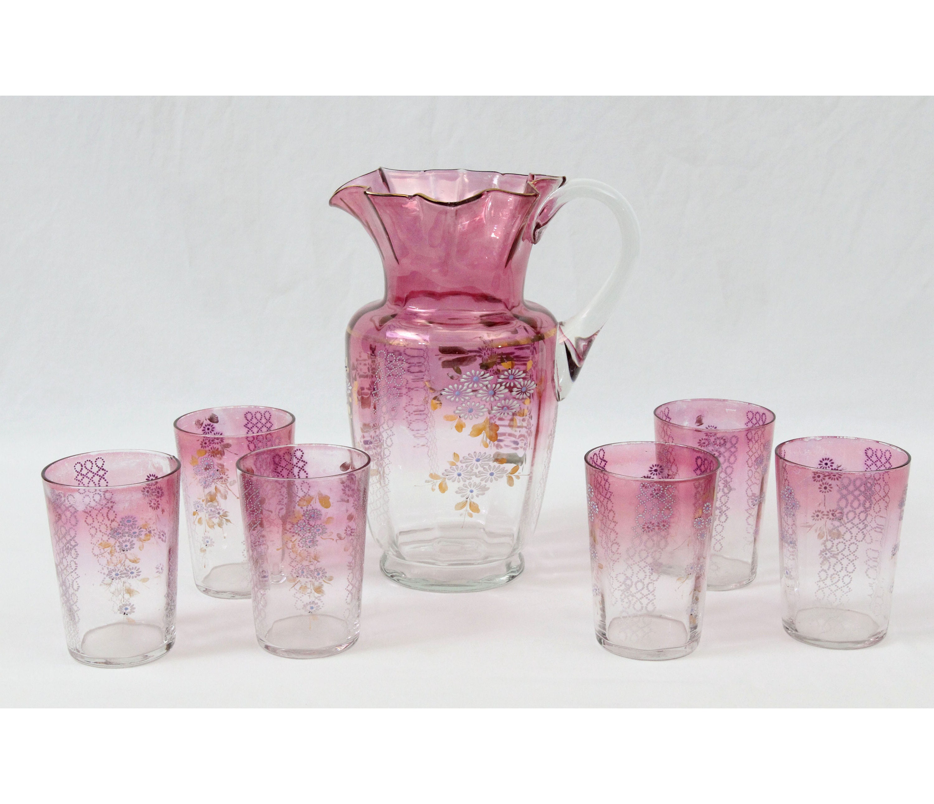 Antique Victorian Painted Enamel Glass Pitcher Set 6 Tumblers Clear ...