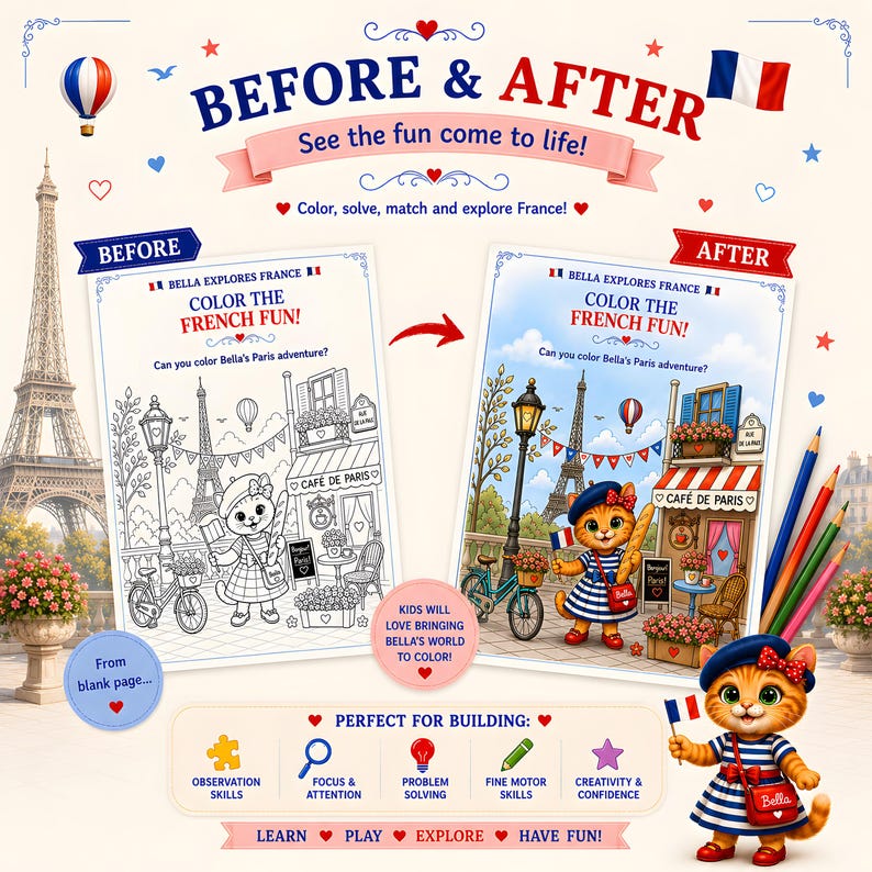 Paris France Activity Pack, Kids Mazes, Coloring Pages, Matching Games ...