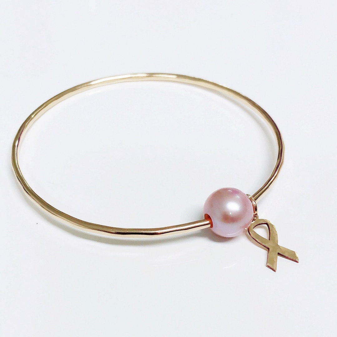 Cancer Awareness Bracelet - Pink Pearl Bangle - Awareness Jewelry (B346 ...