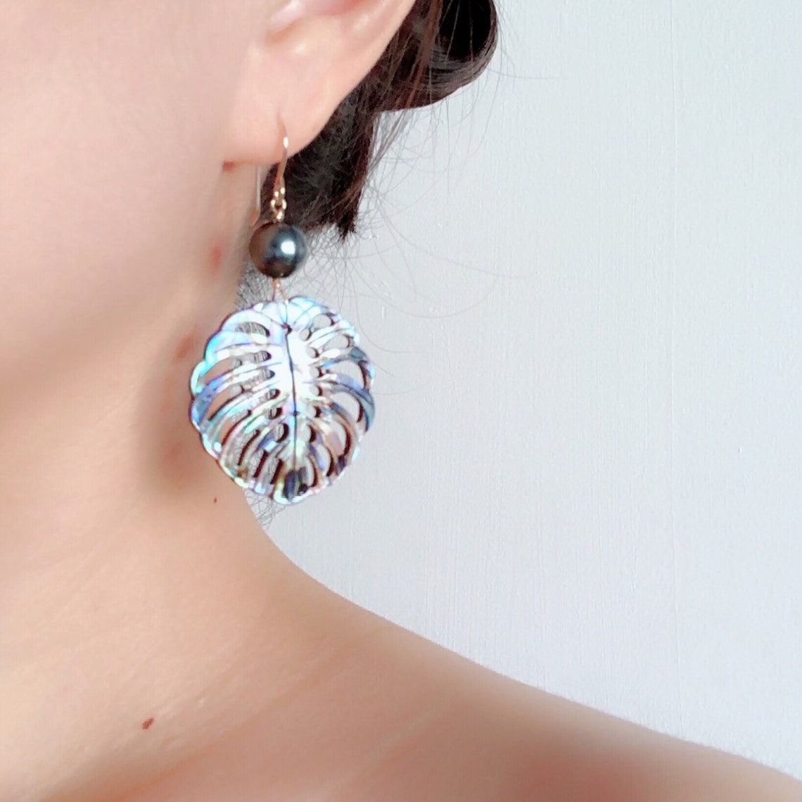 Monstera Dangle Earrings - Large Abalone Shell Monstera - Tahitian ...