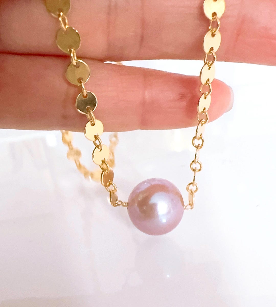 Rare AAAA Pink Edison Pearl Necklace : 14k Gold Filled Disc Chain ...