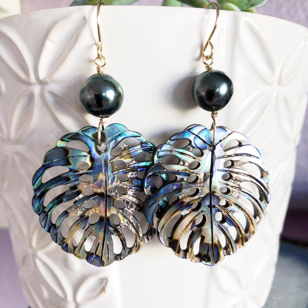 Monstera Dangle Earrings - Large Abalone Shell Monstera - Tahitian ...
