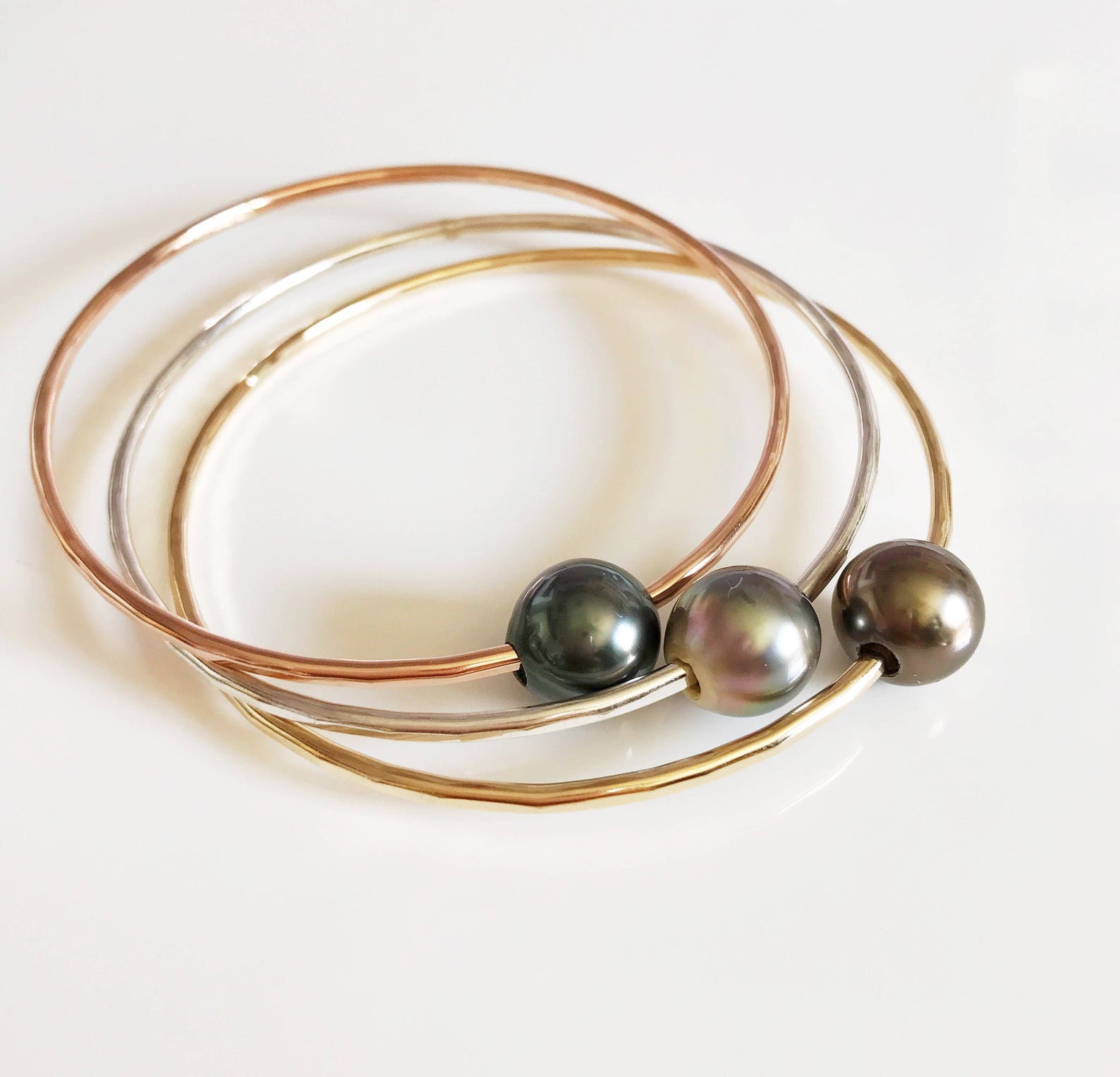 Ivy Bangles Set Tahitian Pearl Bangles Set Mix Metal | Etsy
