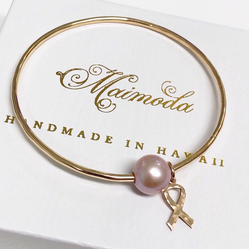 Cancer Awareness Bracelet - Pink Pearl Bangle - Awareness Jewelry (B346 ...