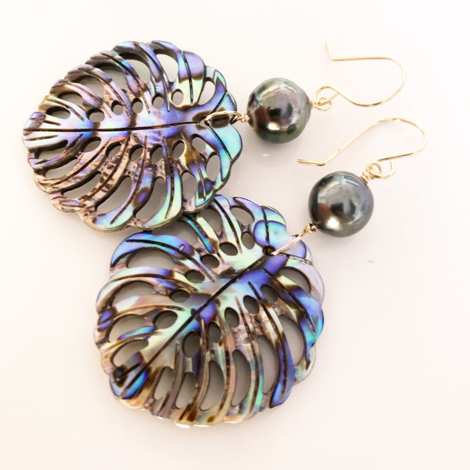 Monstera Dangle Earrings - Large Abalone Shell Monstera - Tahitian ...