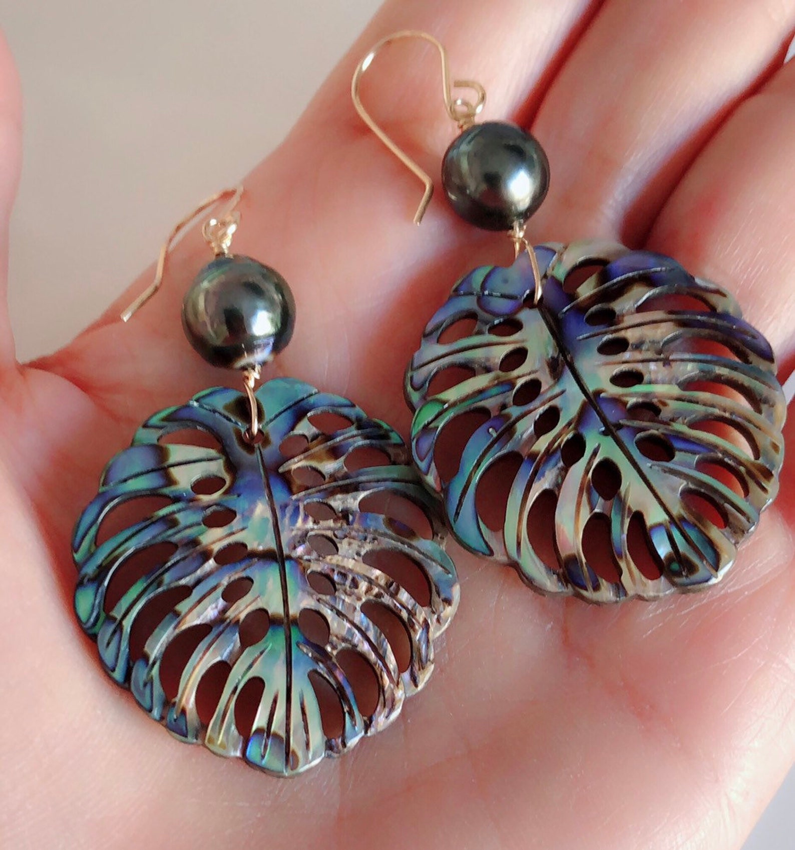 Monstera Dangle Earrings - Large Abalone Shell Monstera - Tahitian ...