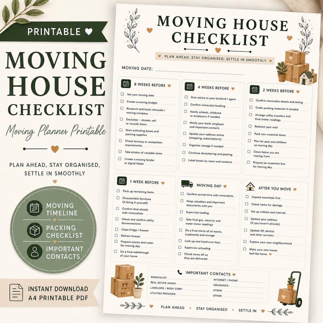 Moving House Checklist Printable, Moving Planner, House Move Checklist ...