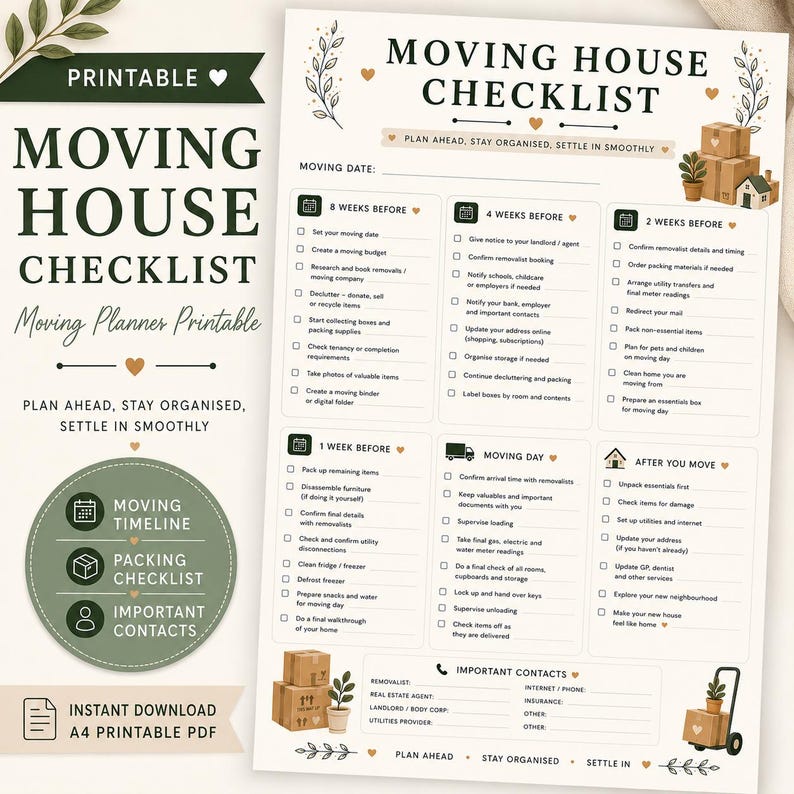 Moving House Checklist Printable, Moving Planner, House Move Checklist ...