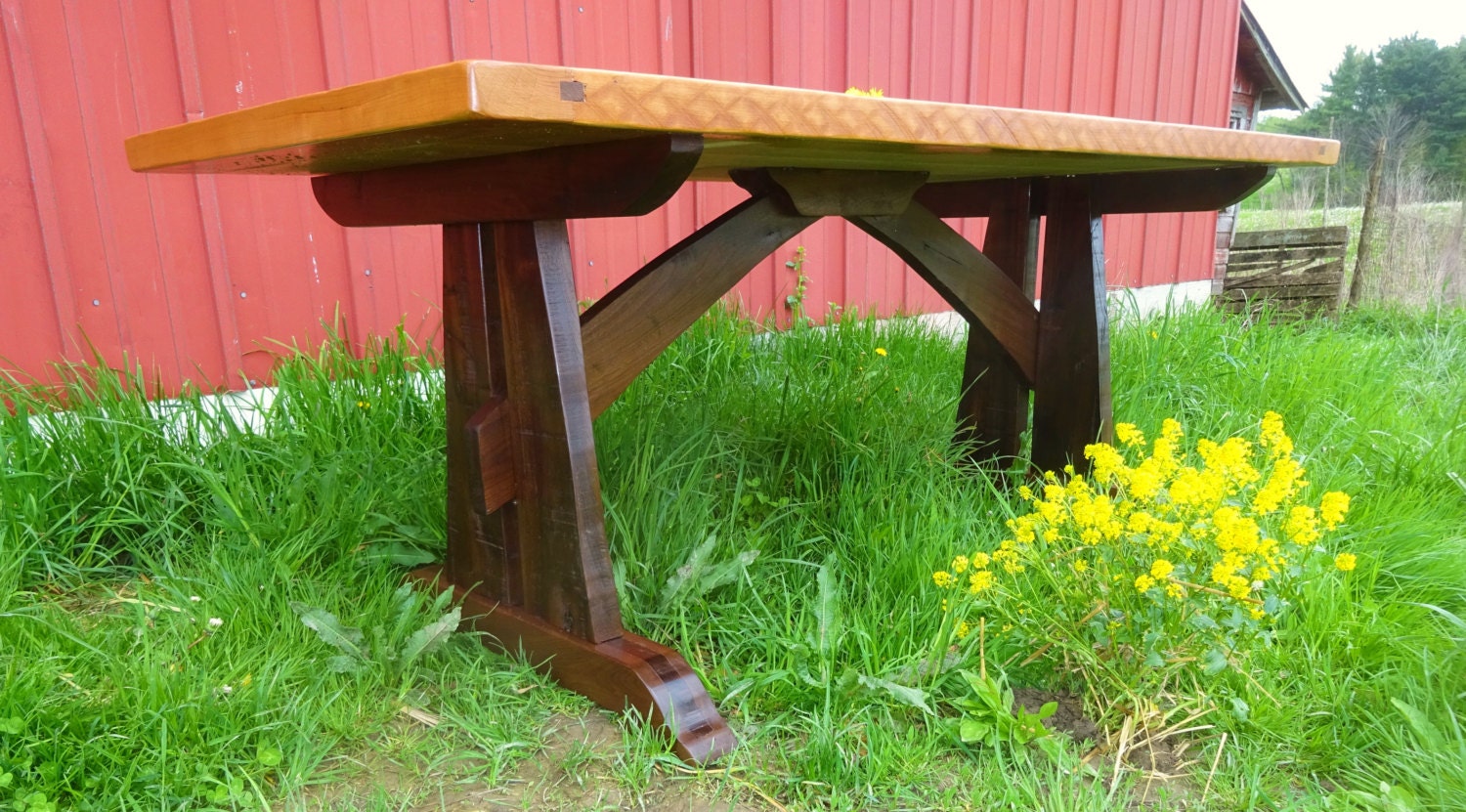 Cherry / Walnut Harvest Table With Decorations copyright - Etsy
