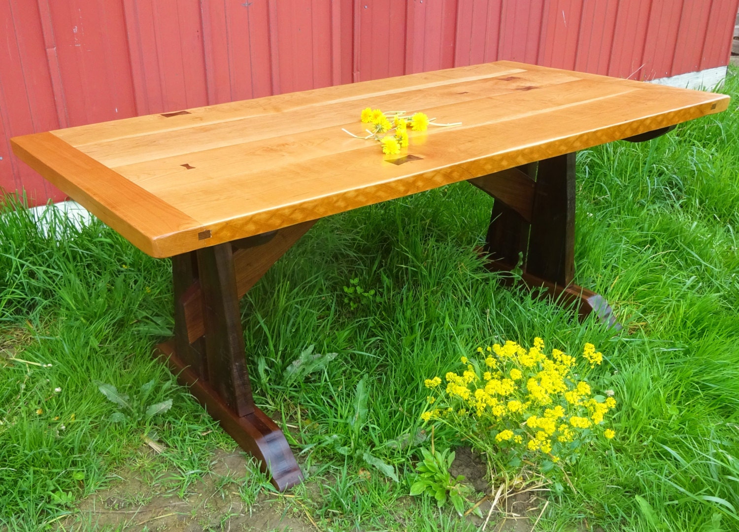Cherry / Walnut Harvest Table With Decorations copyright - Etsy