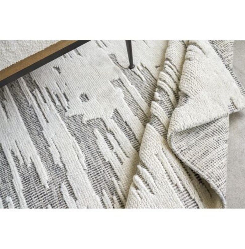 Handwoven Wool Rug, New Zealand Wool, Black White Textured Geometric ...
