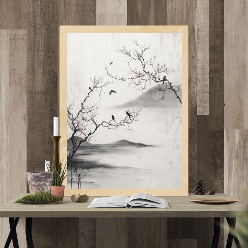 Japanese Ink Bird Print, Minimalist Sumi-e Landscape Poster, Zen Nature ...