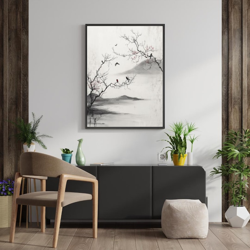 Japanese Ink Bird Print, Minimalist Sumi-e Landscape Poster, Zen Nature ...