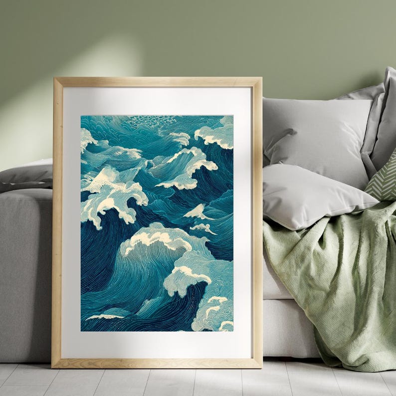 Japanese Ocean Wave Art Print, Blue Sea Japandi Zen Decor Poster - Etsy